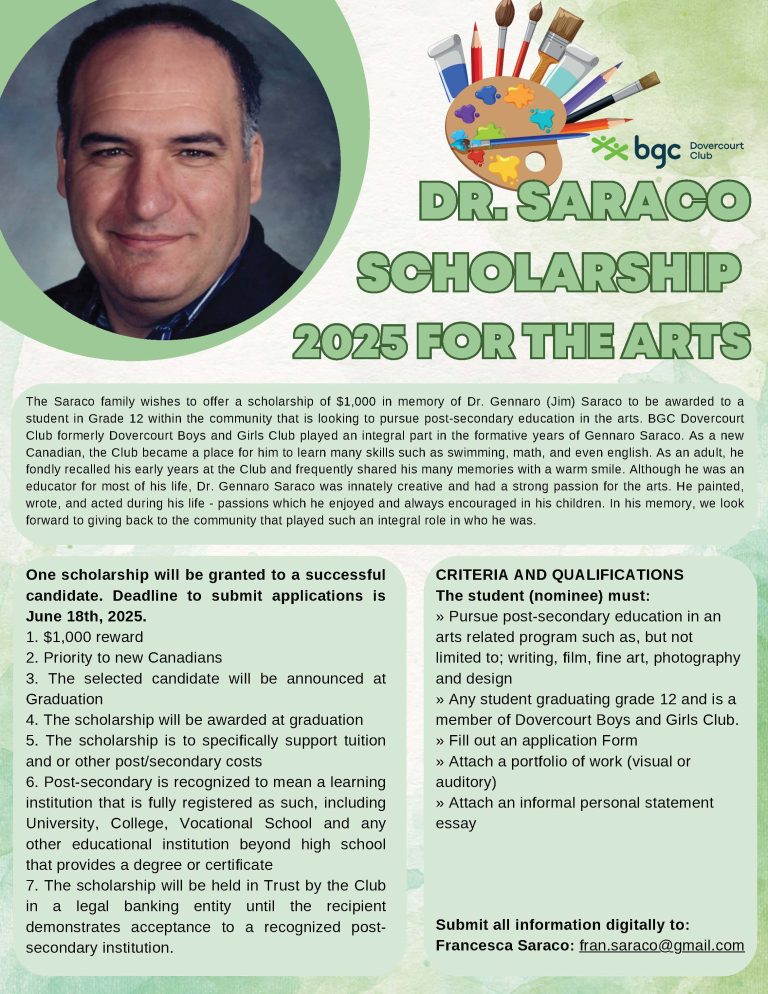 Dr. Saraco Scholarship for the Arts 2025 - BGC Dovercourt Club